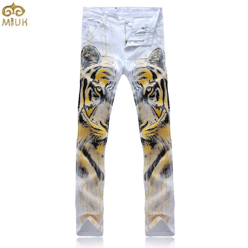 Plus Size Brand Jeans For Men Tiger Lion Printed 3D Skinny Jeans White ...