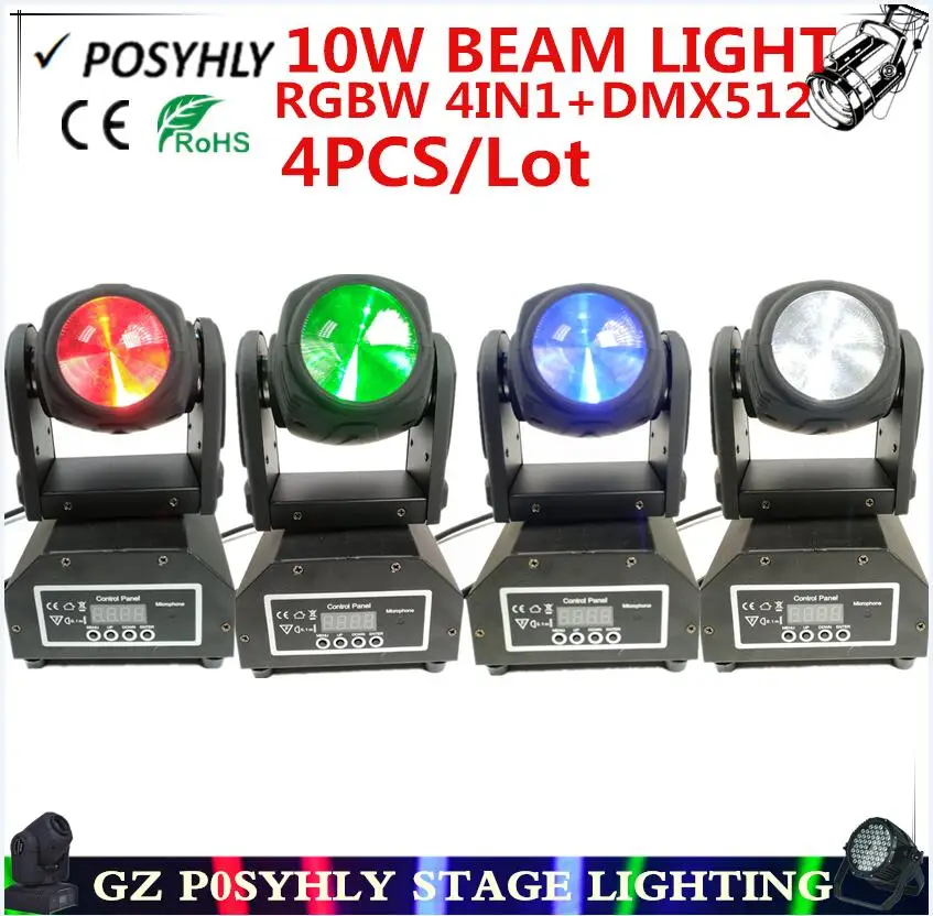 4pcs/ RGBW 4IN1 10W beam lights dmx512 led spotlight moving head lights ...