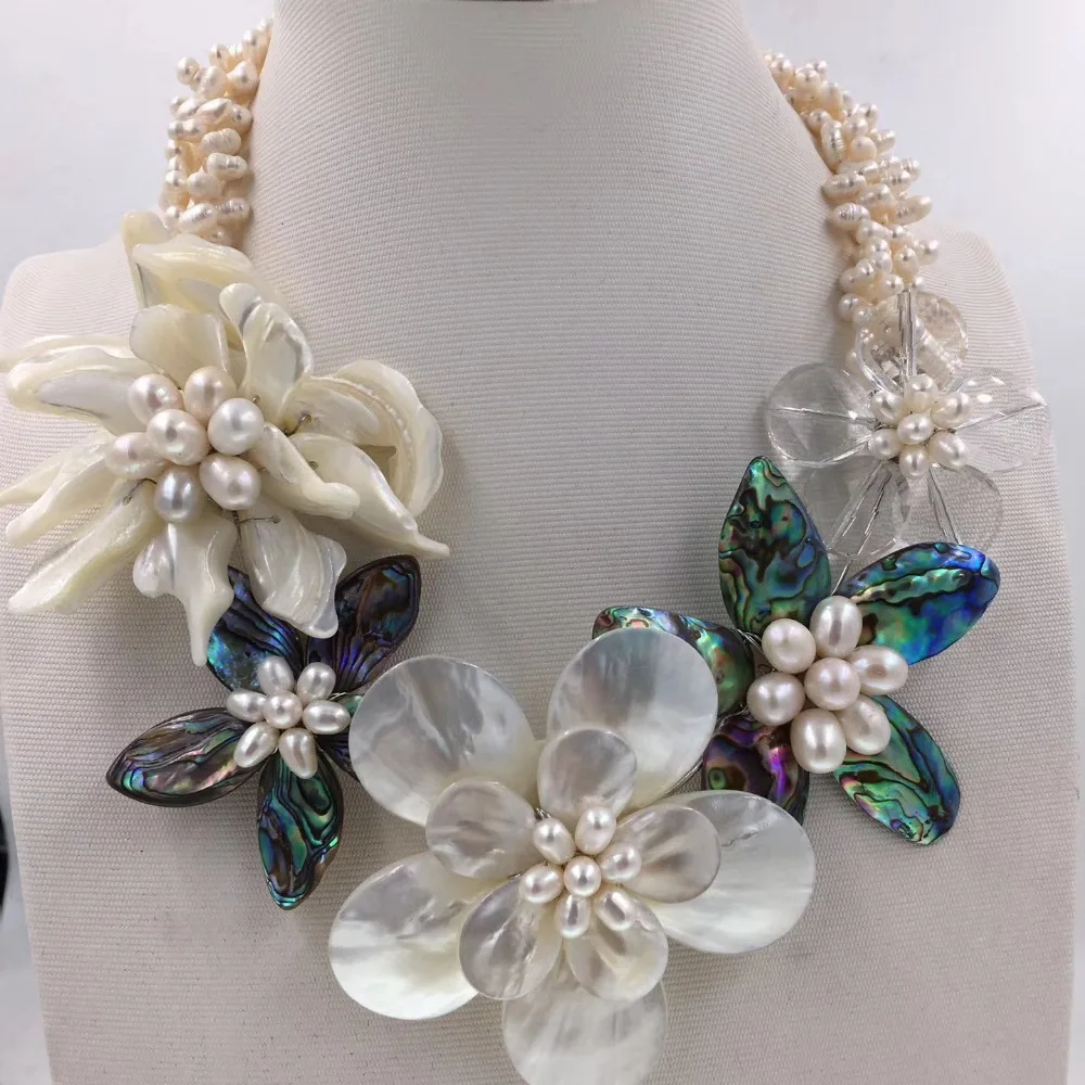 3rows freshwater pearl and wihte shell abalone shell flower necklace ...