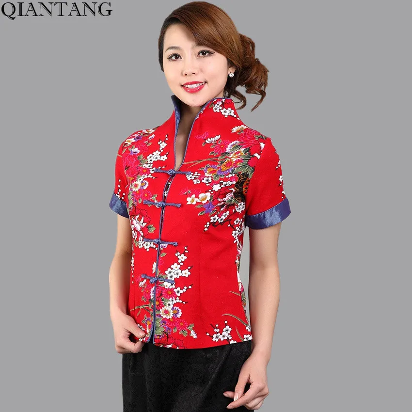Hot Sale Red Traditional Chinese Blouse Women Cotton Linen Shirt Top V ...