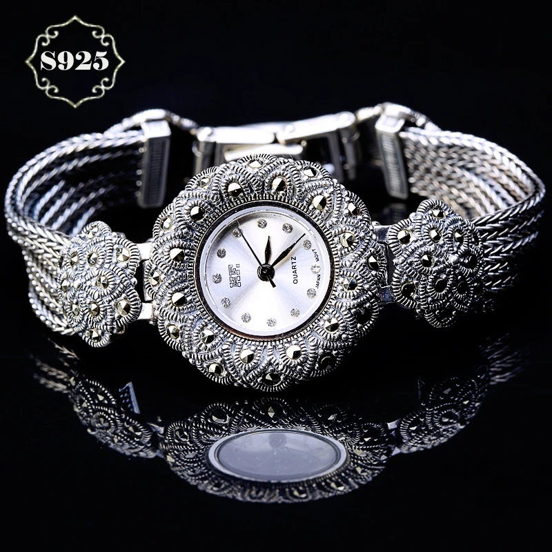 Reloj clásico de plata S925 con flores, accesorio de pulsera de plata ...