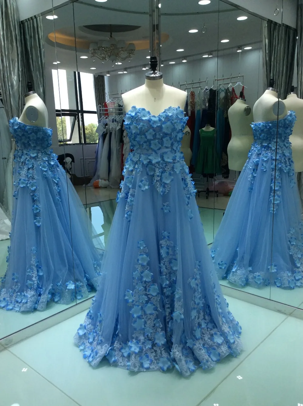 Real Photos Blue Tulle Prom Dresses 2017 New Custom Sweetheart Backless ...