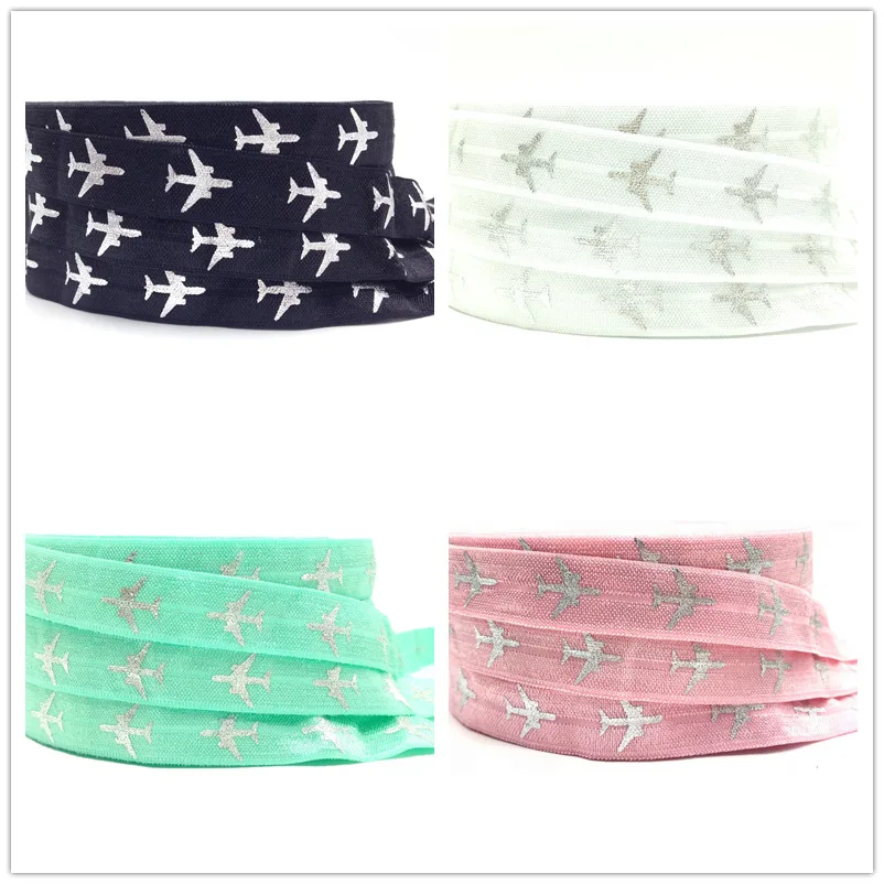 New Ribbon 10Y Aircraft Print Fold Over Elastic 5/8" Stretchy Silver ...