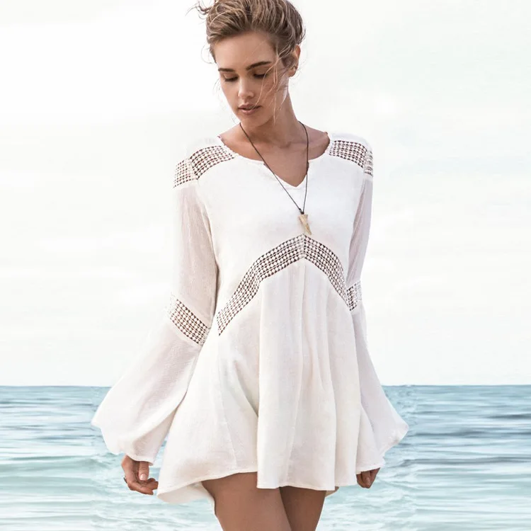 New Style Pareo Beach Dresses White Swimwear Women Beach Cover Ups Hollow Out Beach Tunic