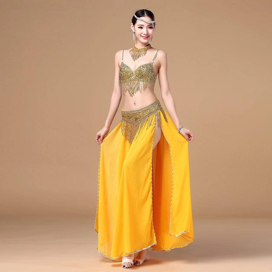 2019 Belly Dance Clothing 3pcs Outfit Women Costume Beads Bra Chiffon