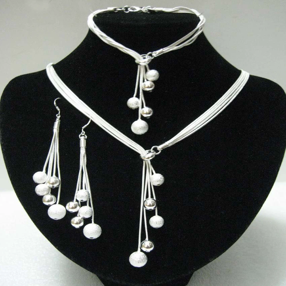 925 Sterling silver sets for women Top Quality / Wedding Jewelry / Silver Beads Ball Necklace ...