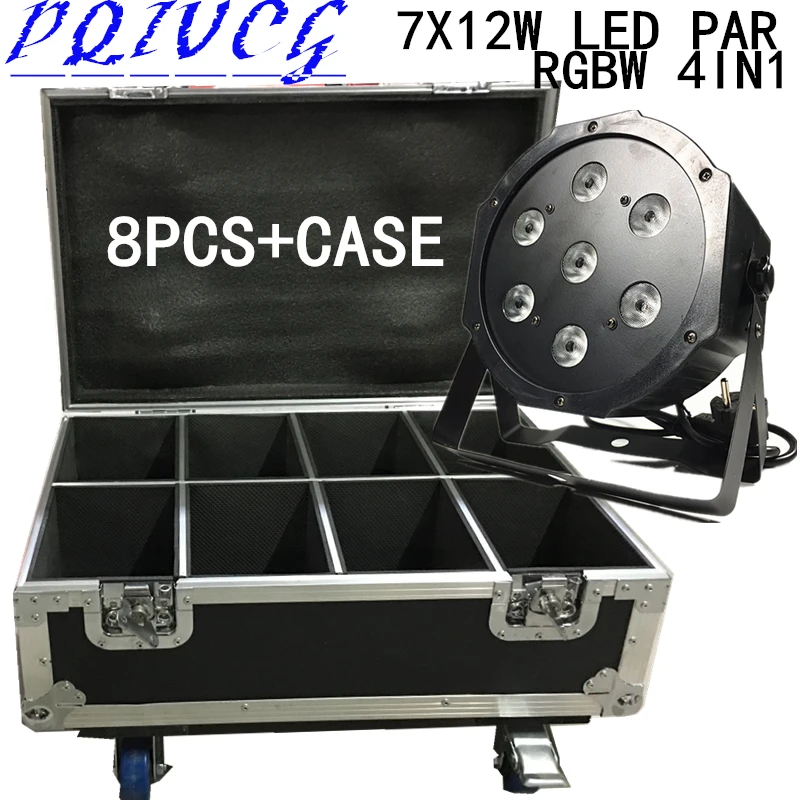 8PCS/ 7X12W led Par light +Flight Case RGBW 4in1 flat LED PAR dmx512 ...