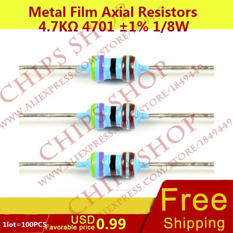 1LOT=100PCS Metal Film Axial Resistors 4.7Kohm 4701 1% 1/8W 4700ohm 0 ...