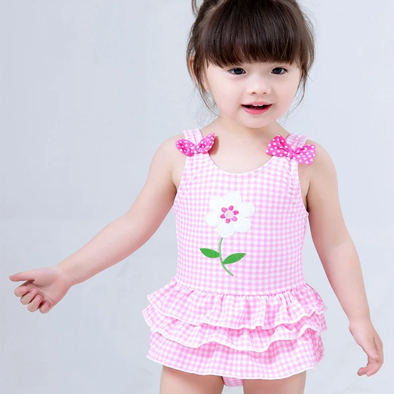 Girl Swimwear Sleeveless Embroidered Flower Plaid Bow Knot One Piece Swimming Skirt Swimsuit