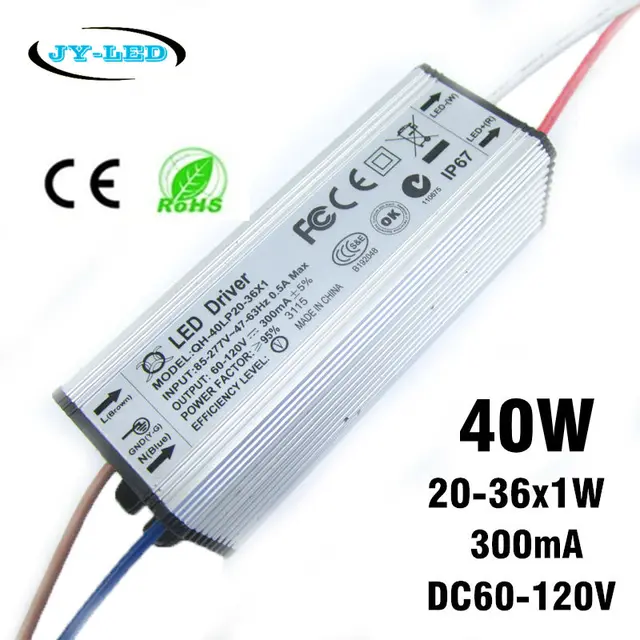 2pcs 40W LED Driver 300mA DC60 120V 20 36x1W Waterproof IP67 Constant ...