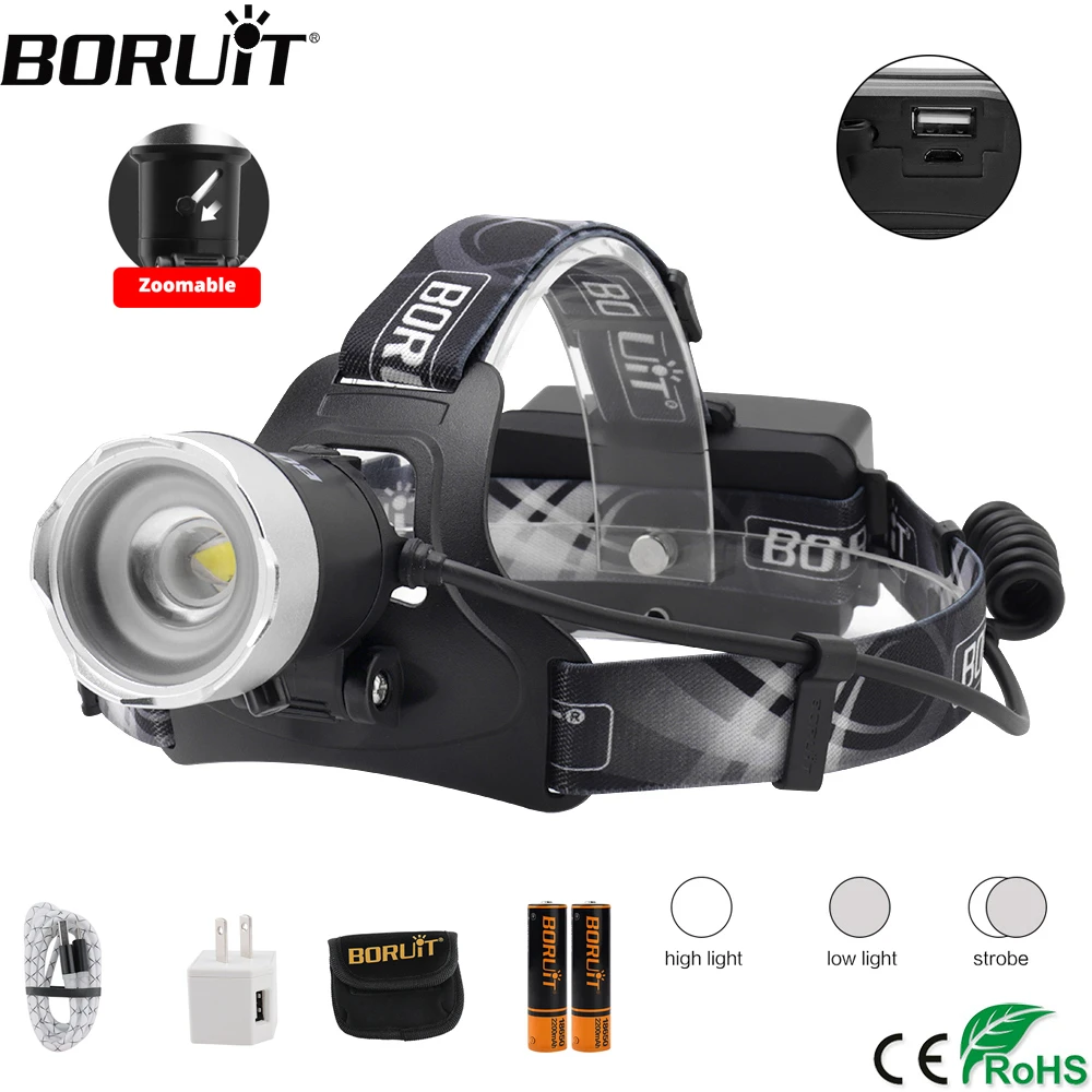 Boruit B13 Xm-l2 Led Headlamp 1200lm 3-mode Zoom Headlight Rechargeable ...