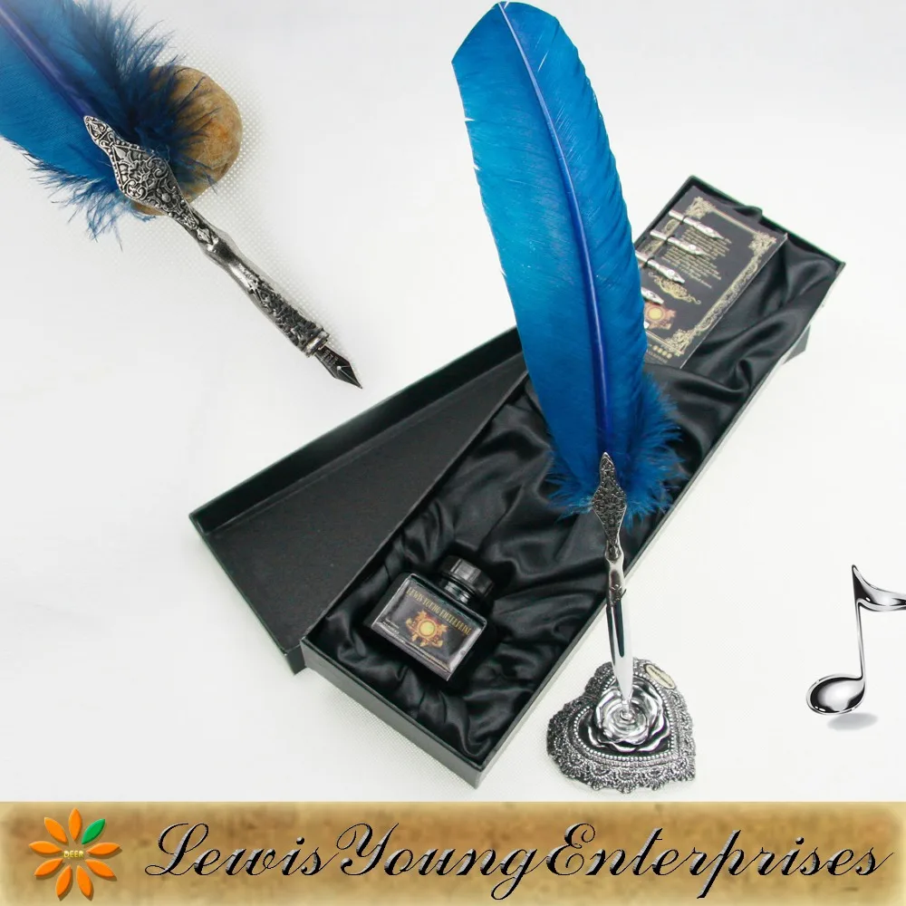 Calligraphy Blue Feather Quill Pen, Ink & 5 Nibs Gift Set|set pen|set ...