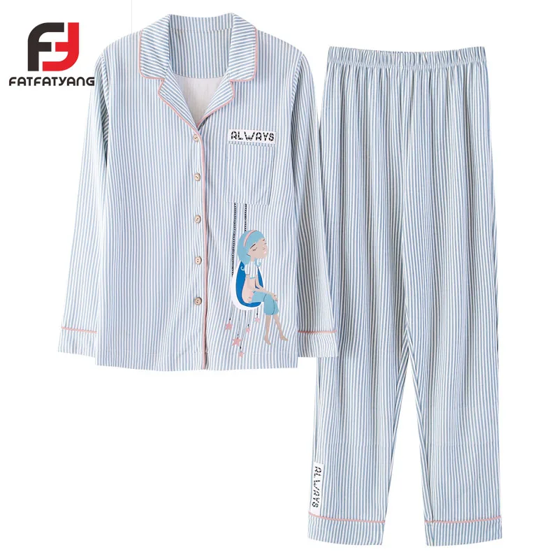 Japanese Style Pyjamas Women Striped Blue Cotton Pajamas Set Leisure ...
