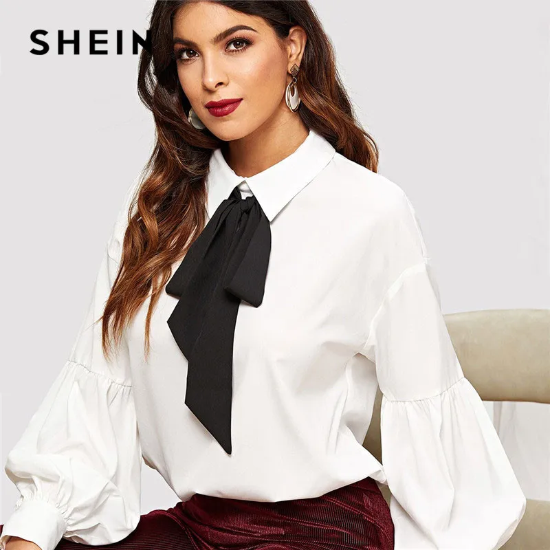 Shein White Lantern Sleeve Bow Tie Neck Blouse Modern Lady Spring