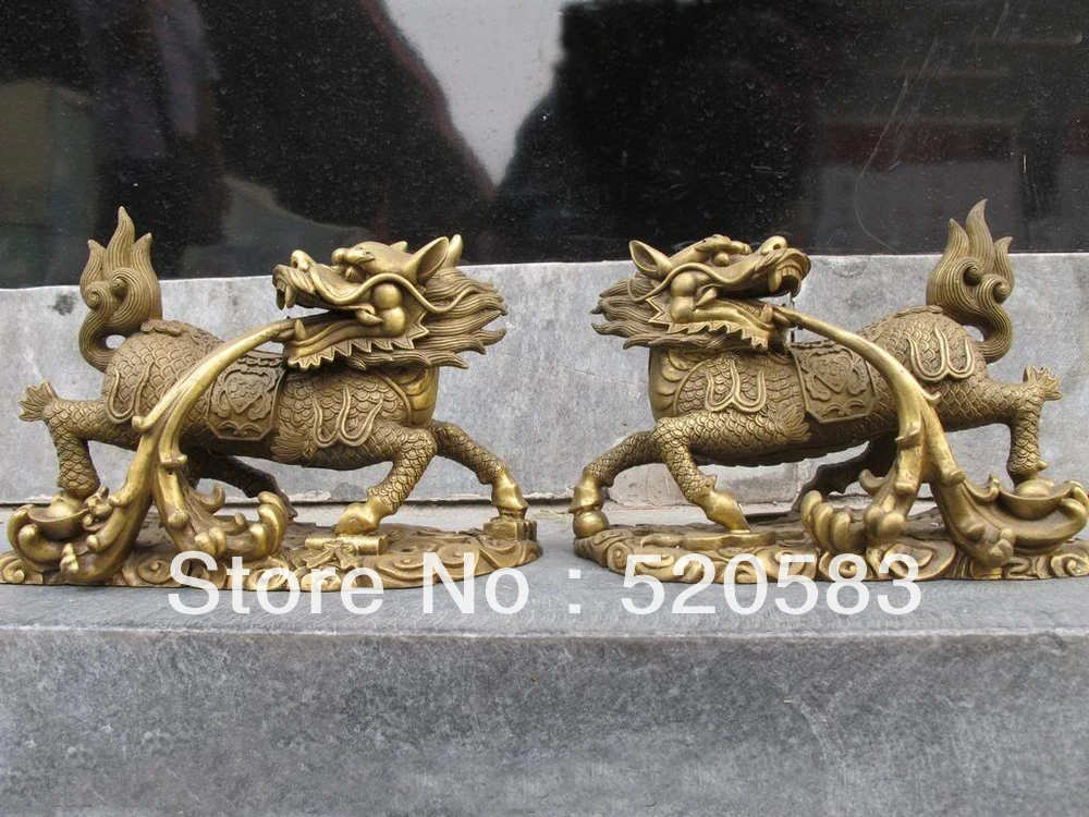 China classic pure Brass Foo Dog Lion Dragon Kylin Evil spirit beast ...