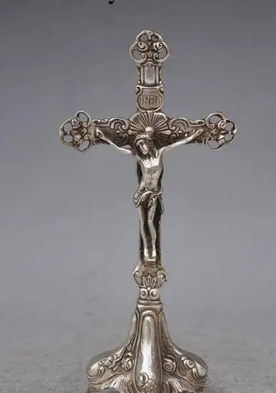 9"tall Antique Art Catholic Altar Cross Crucifix Silver Jesus Christ ...