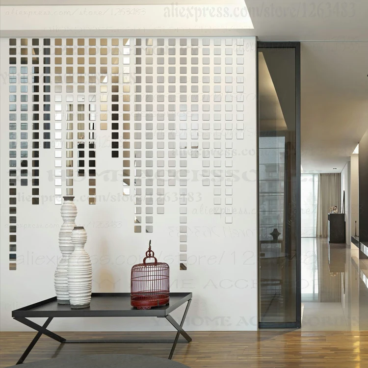 100PCS DIY 3D Acrylic Mirror Vinyl Wall Stickers Simple Square Ceiling ...