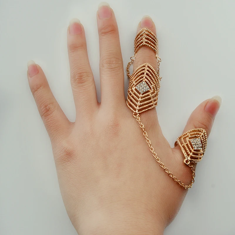 New Gold Color Connect Finger Rings Mobilizable Hollow Out Crystal ...
