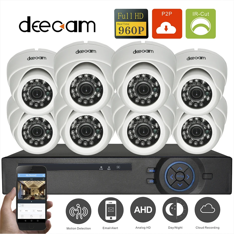 AHD DVR Set HD CCTV Kits 1500TVL 1.3MP 960P HD 8pcs Security Dome ...