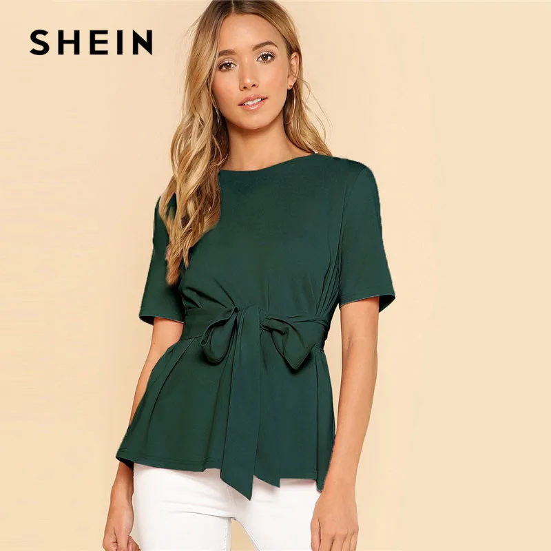 Shein Self Belt Keyhole Back Solid Ladies Top Minimalist Elegant Blouse