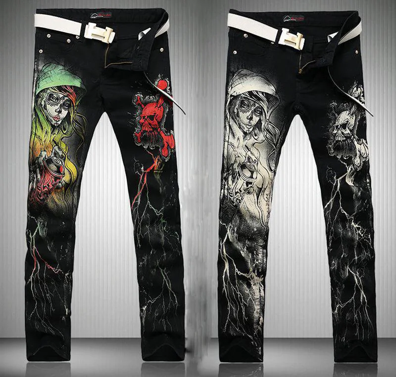 Men Slim Fit Jeans Stretch/skinny Black Stretch Denim Print Jeans Pant ...