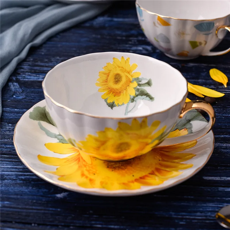 3Pcs/Set New Pastoral Sunflower Porcelain Coffee Tea Cup Saucer Spoon ...