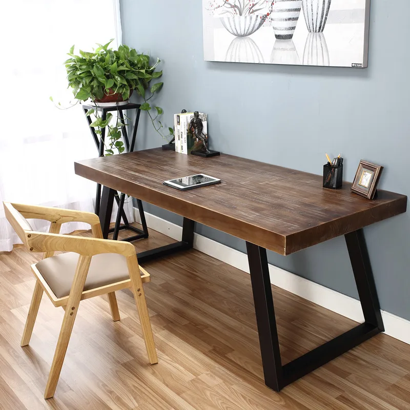 Tafel smeedijzeren tafels en stoelen Dubbele massief houten bureau ...