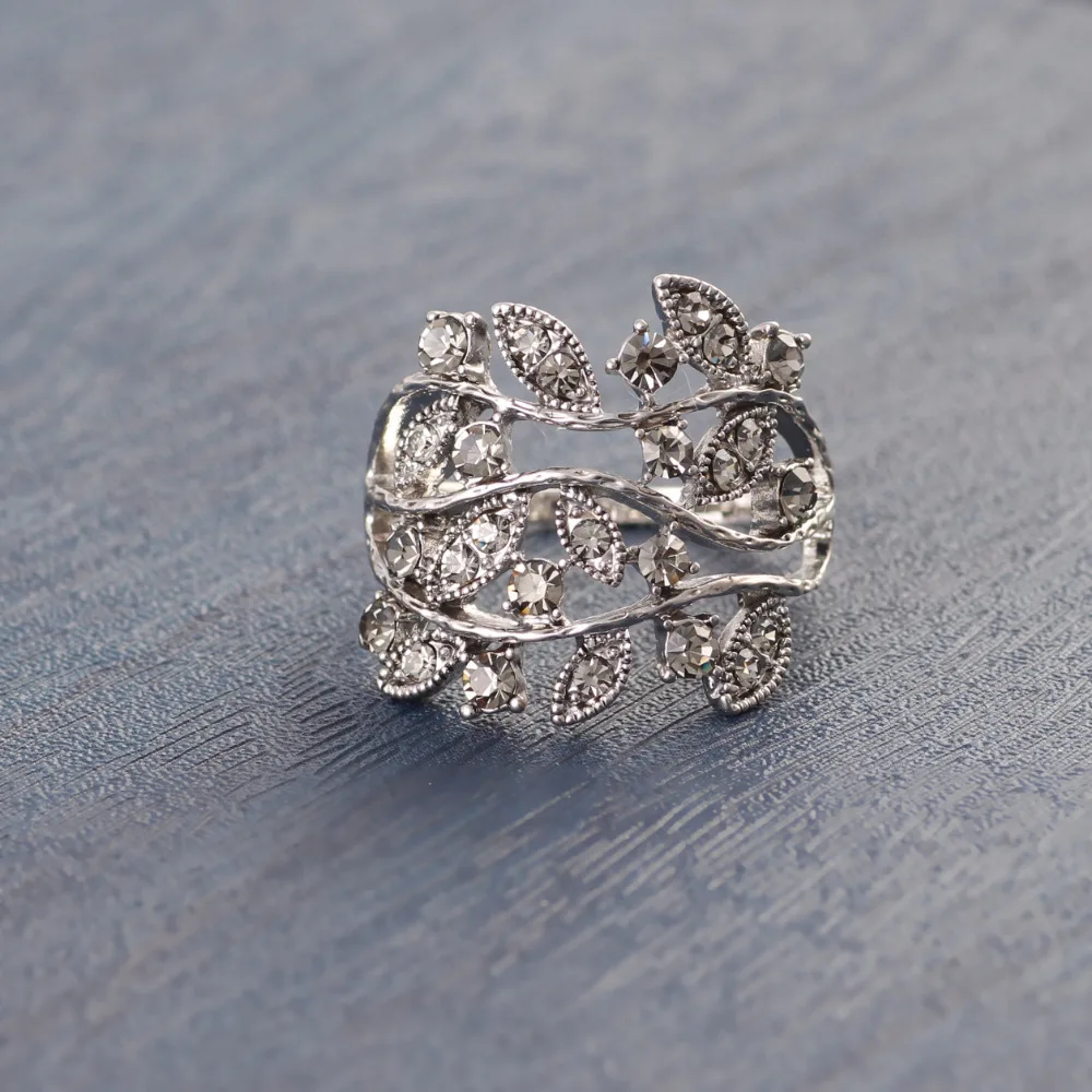 Tree branch leaf ring with high quality rhinestone and crystals plant ...