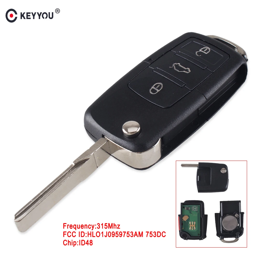 KEYYOU 3+1 Buttons Flip Remote Control Car Key For VW Volkswagen Golf ...