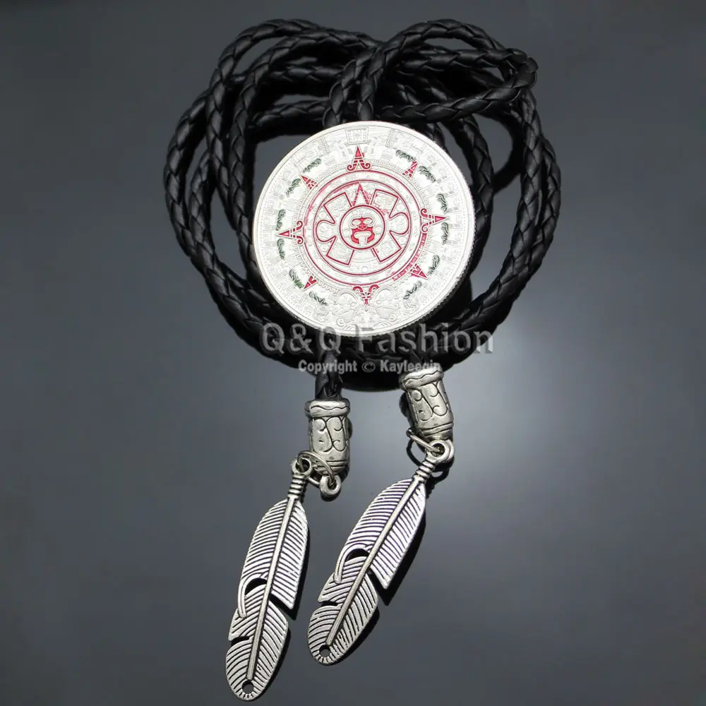 Aztec Mayan Calendar Leather Western Feather Bolo Bola Tie Necktie Gift ...