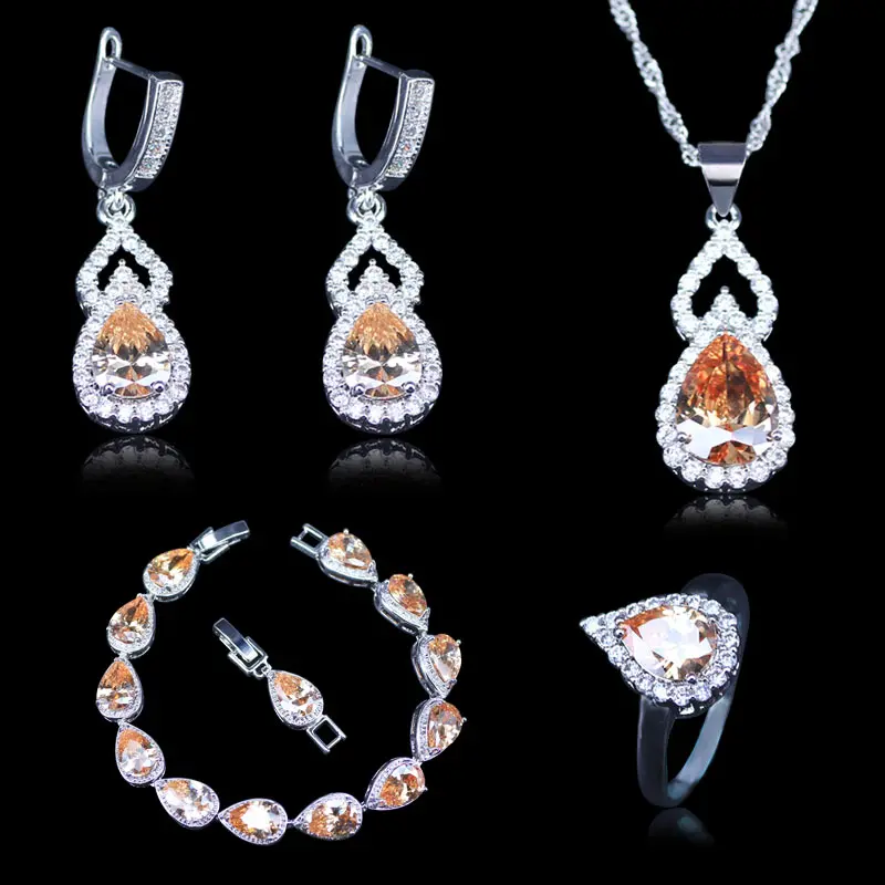 Water Drop 925 Stamp Silver Color Bridal Jewelry Champagne Zircon ...