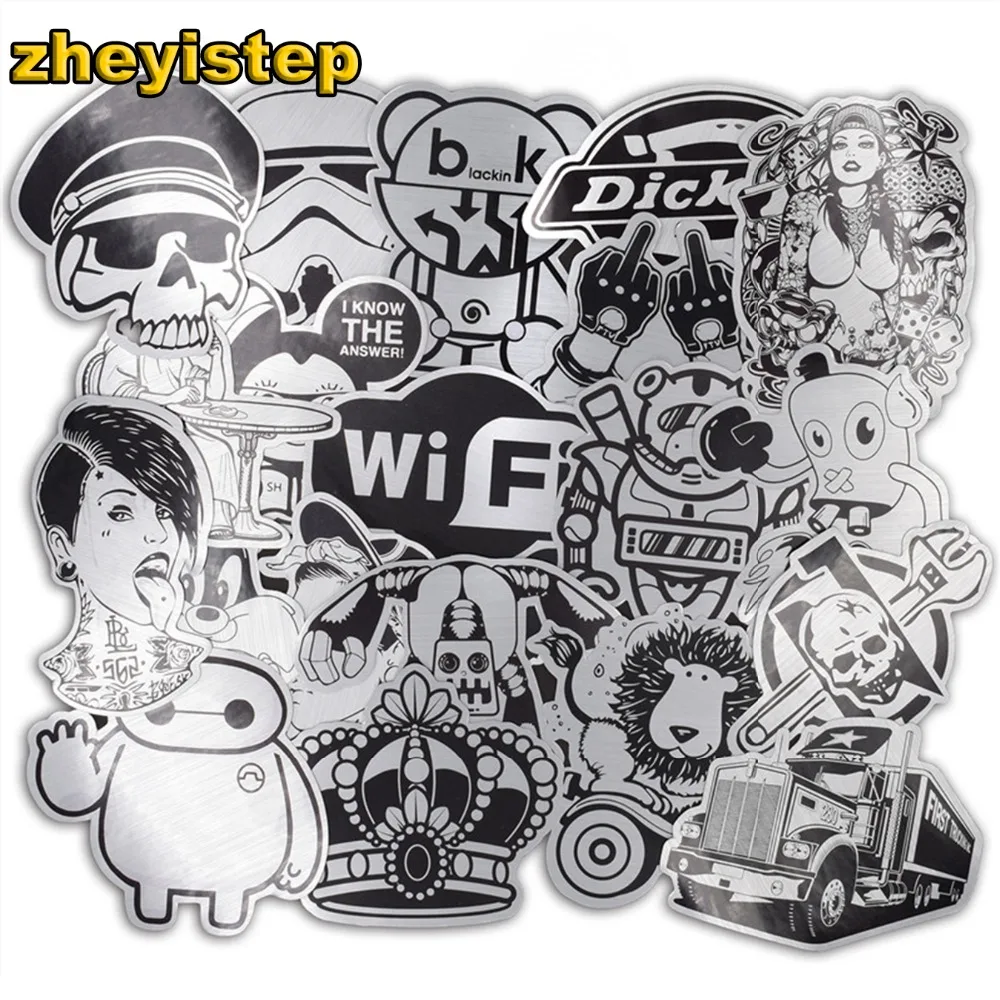 50 Pcs Black and White Metallic Style Stickers JDM Stciker for Laptop ...