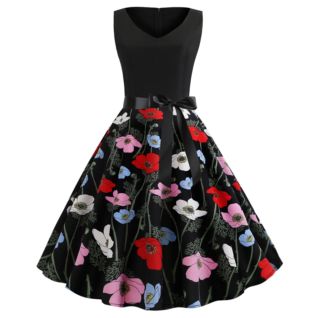 Summer Dress Women maxi dress Vintage 1950s Retro Sleeveless V Neck ...