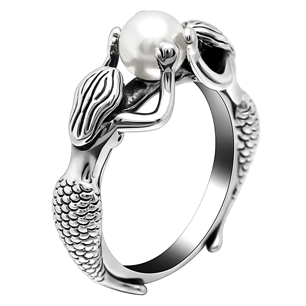 Hainon Fashion Artificial Pearl Mermaid Rings Female Silver Color ...
