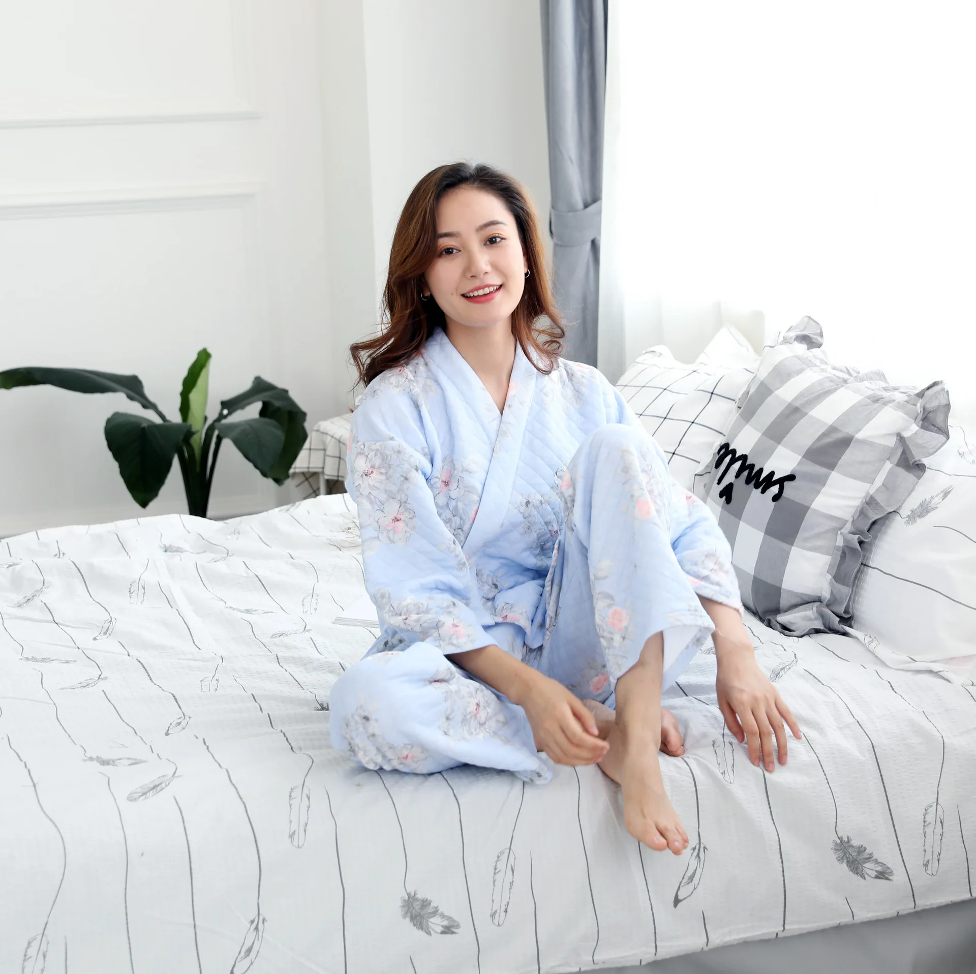 Fresh Chinese Ink Peony Kimono Pajamas Women Scuba Quilted Pajamas ...