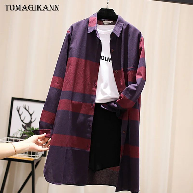 2018 Casual Contrast Colors Striped Long Pocket Women Blouse shirts ...