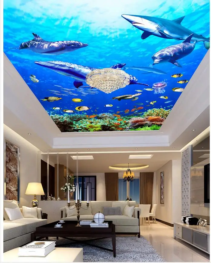 Underwater World Dolphin ceiling 3d wallpaper modern for living room ...