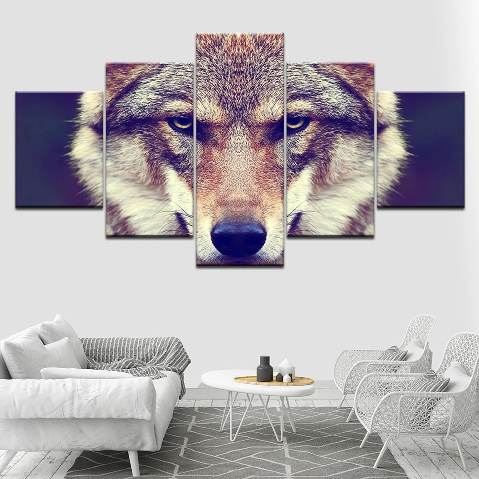 Pintura da lona lobo viver animais parede arte imagens 5 peças modular ...