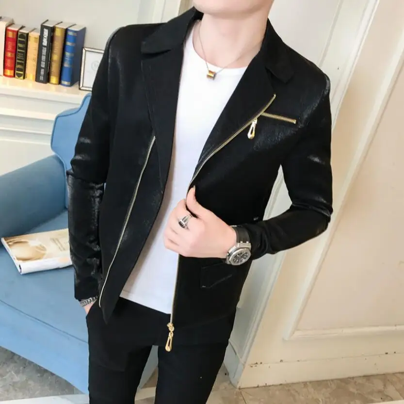 New Bright Jacket Men's Spring Clothes Personality Diagonal Zipper Thin ...