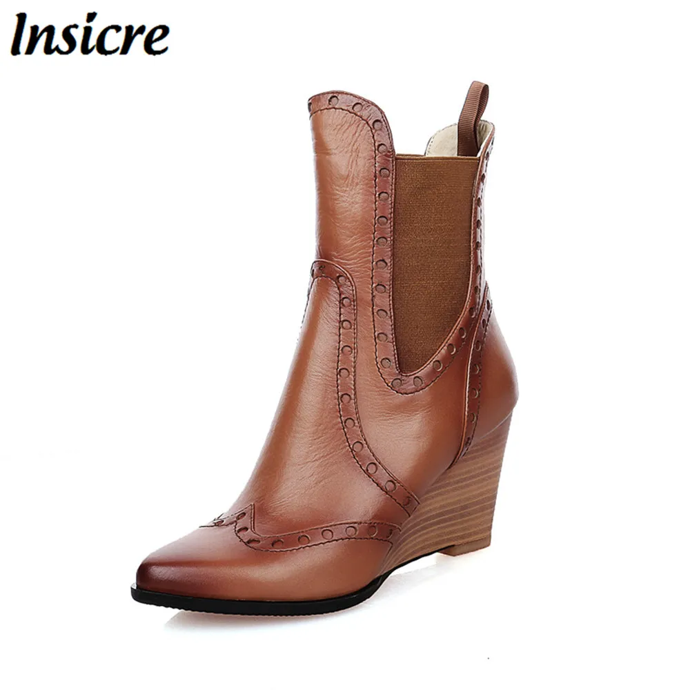 Insicre New Fashion Genuine leather wedges boots for women pointed toe ...