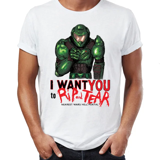 Men's T Shirt Doom Doom Guy Want You To Rip and Tear Gaming Gamer ...