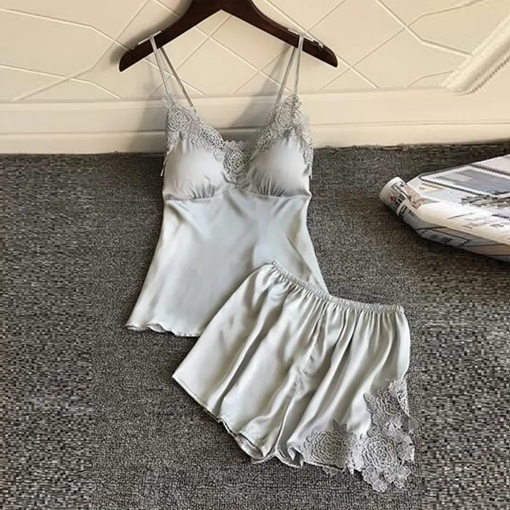 Women Satin Silk Sleep Wear Silk Imitation Pajama Set Embroidery Lace