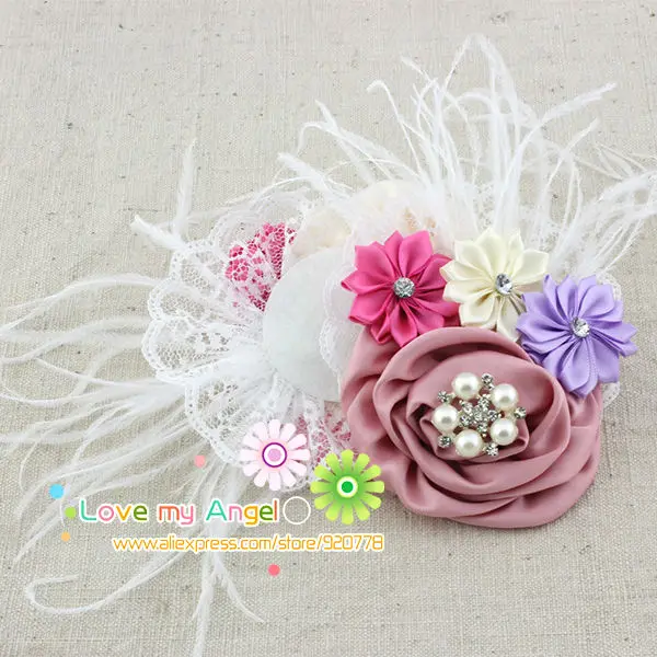 satin ribbon flower with Rhinestone Feather lace Fascinator flower girl ...