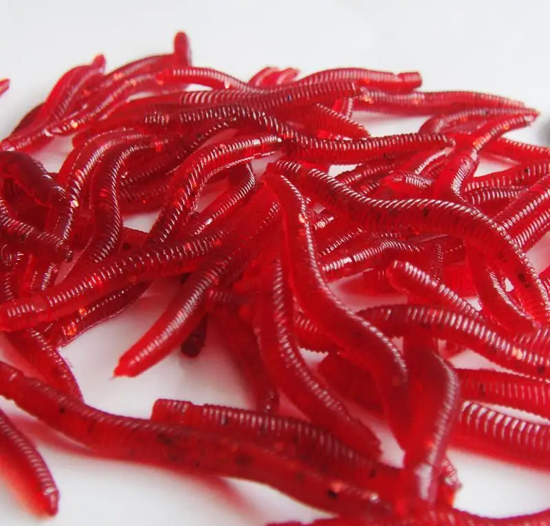 50Pcs Red Worm EarthWorm Fishing Soft Lure Tackle Baits Bass Trout ...