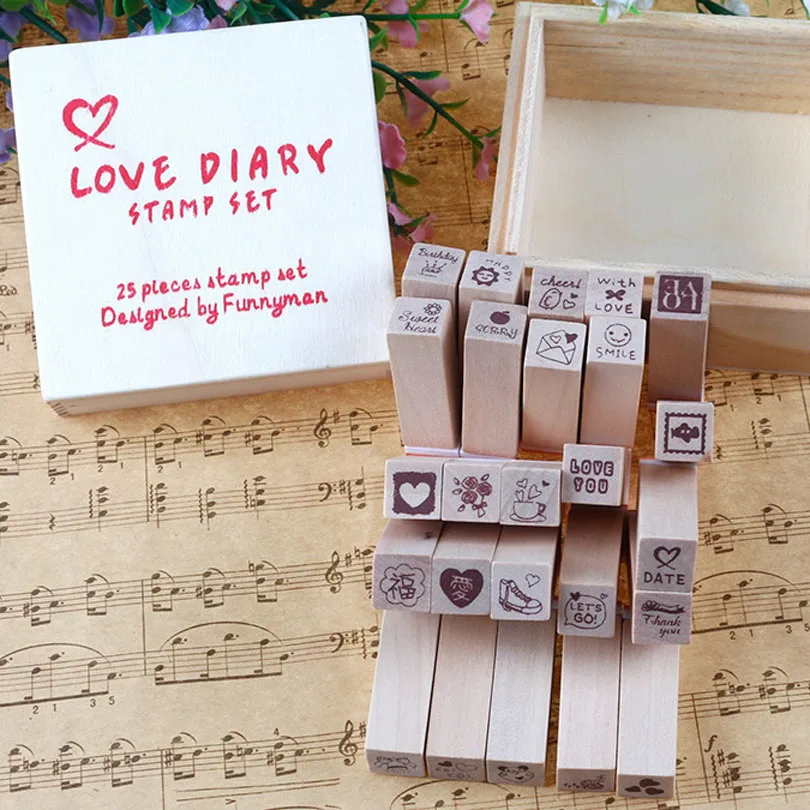 25pcs/pack Cute Wood Love Diary Stamp Set Happy Life Deco Stams ...