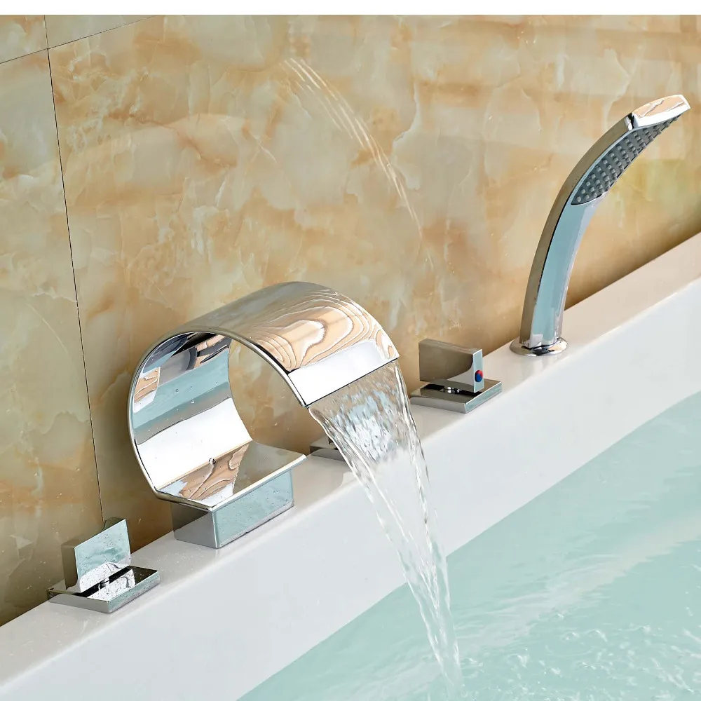 Deck Mount 5pcs Waterfall Bathtub Faucet Three Handles Brass Mixer Taps