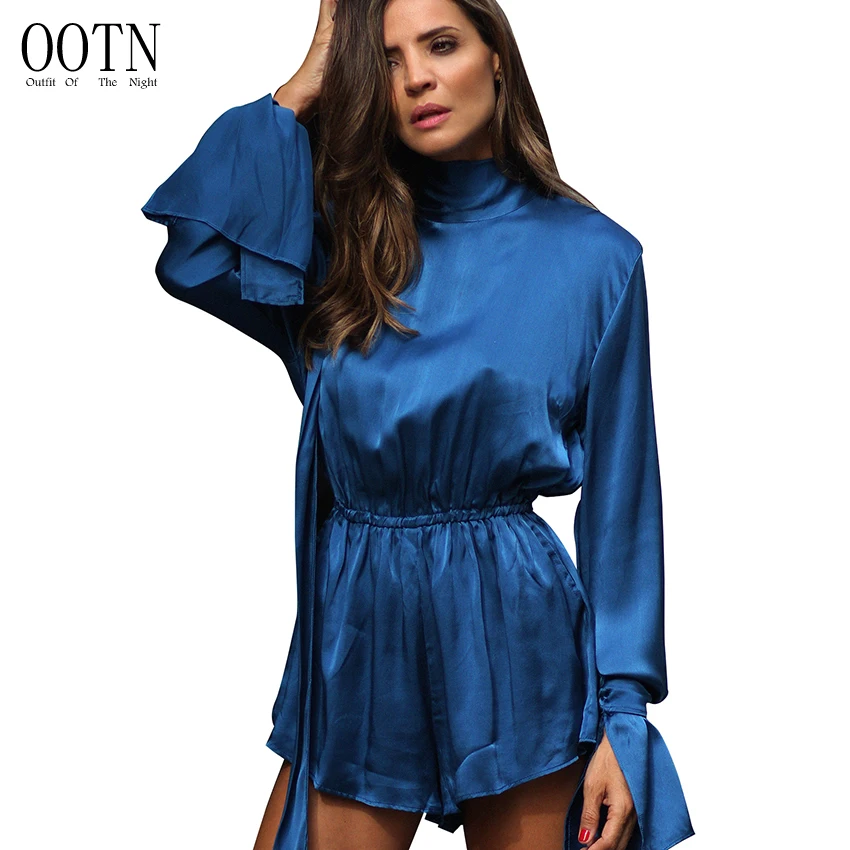 OOTN Blue Satin Solid Silk Women Playsuits Women Rompers Short 2018 ...