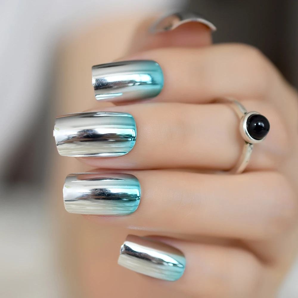 Gradient Gradual Green Metal Mirror Silver French False Fake Nails