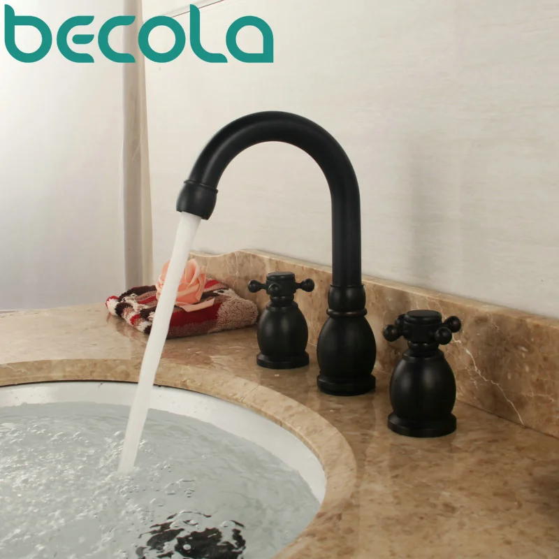 Basin Faucets Black Brass Deck Mounted Widespread Bathroom Faucet 3 Pcs Ceramics Double Handle