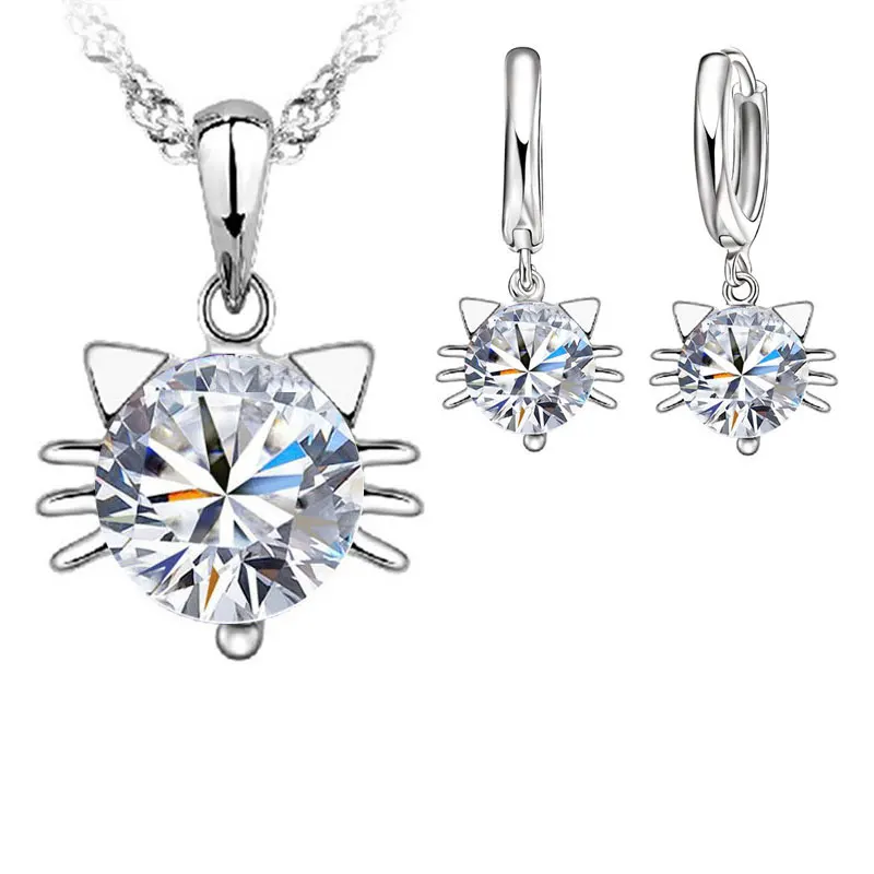 Silver Women Jewelry Sets For Party Girls Cute Cat Head Crystal Pendant ...